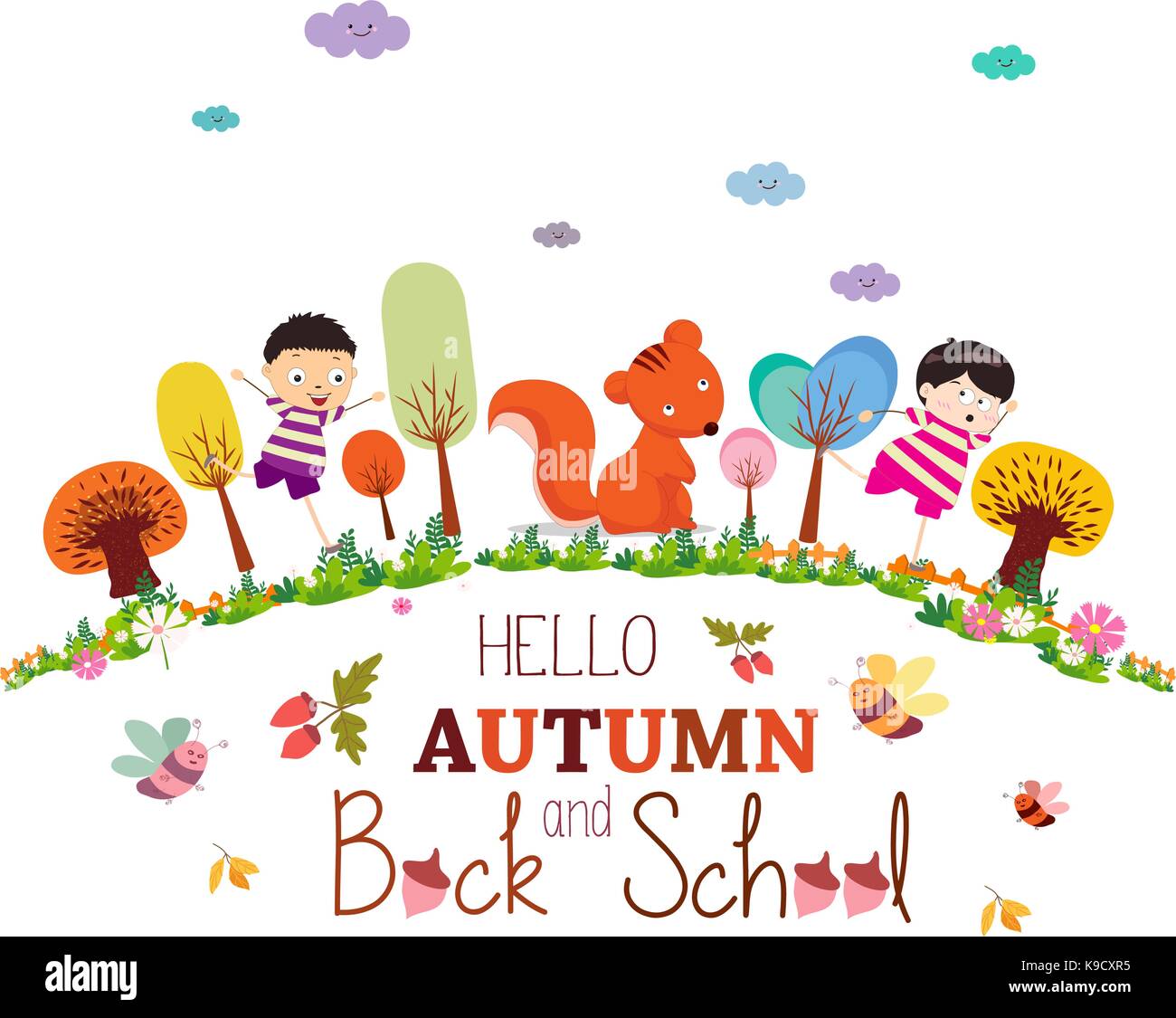 Goodbye summer. enjoy autumn happy smiling girls and boys ground round ...