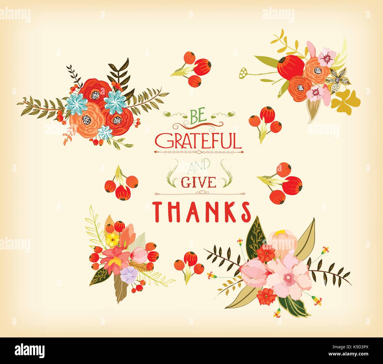 Thanksgiving hand drawn floral lettering card Stock Vector Image & Art ...