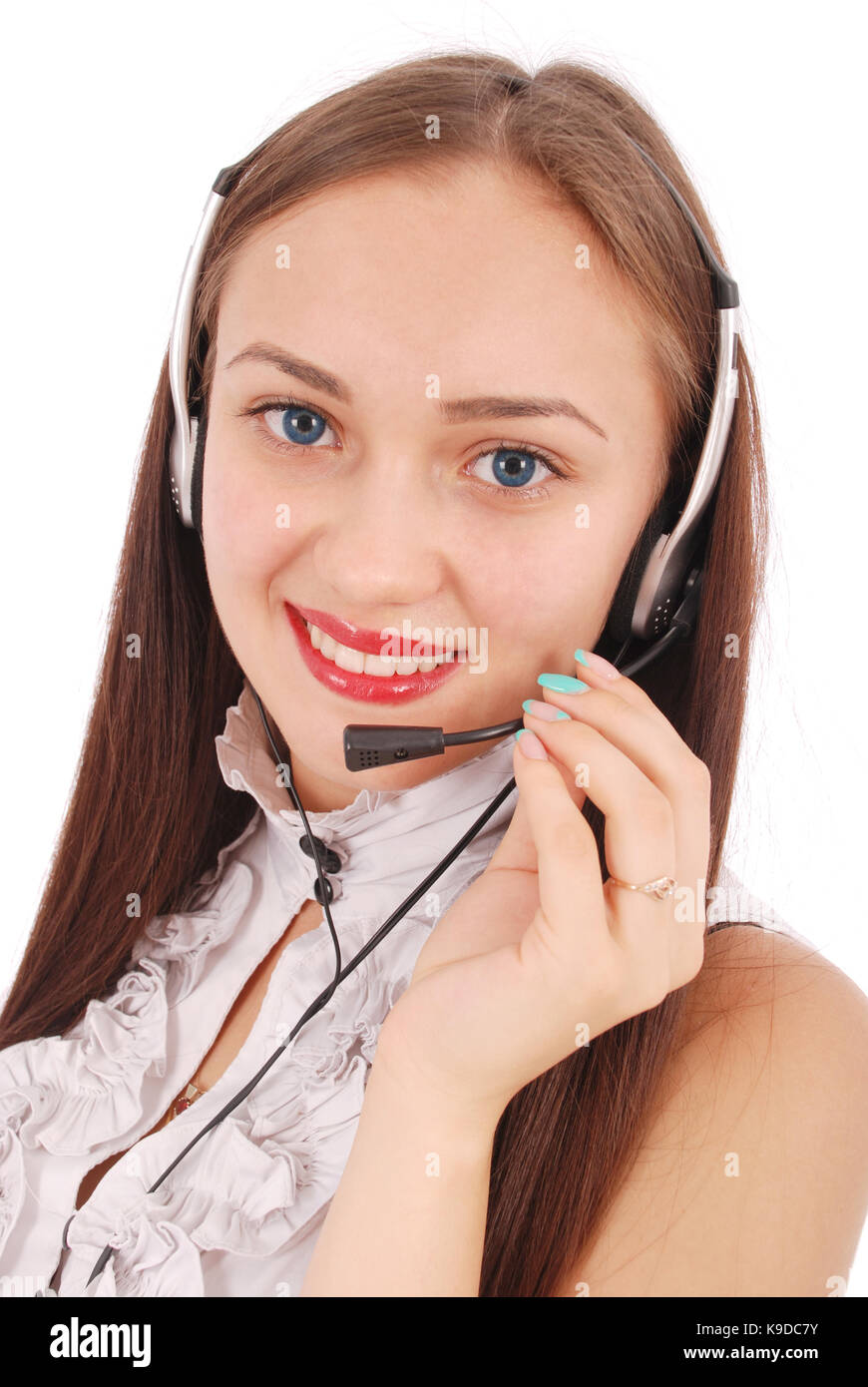 Beautiful customer service operator student girl with headset, isolated ...