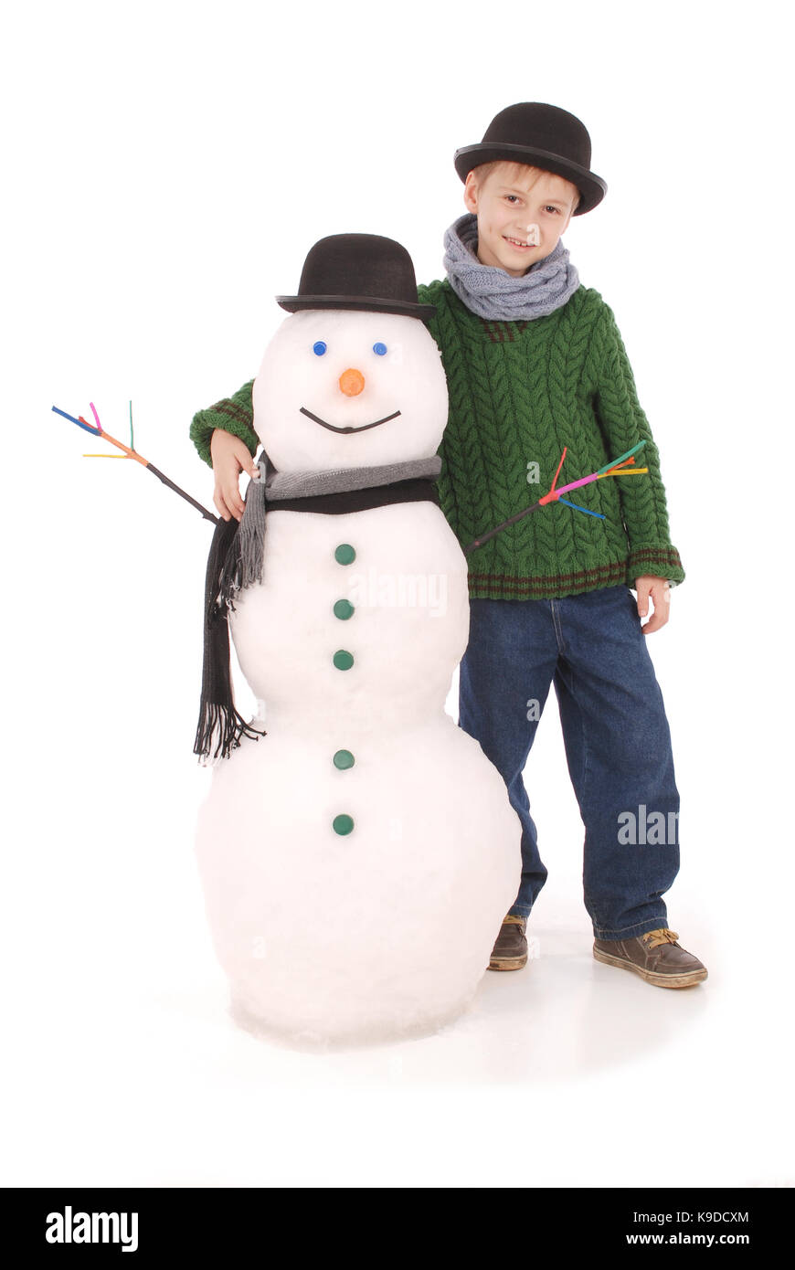 Cute boy with snowman with scarf and hat on white background Stock ...