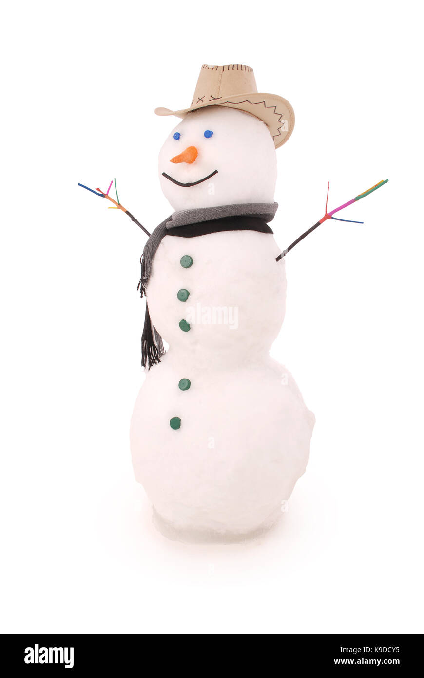 White snowman with scarf and Sheriff's hat. On white background Stock ...