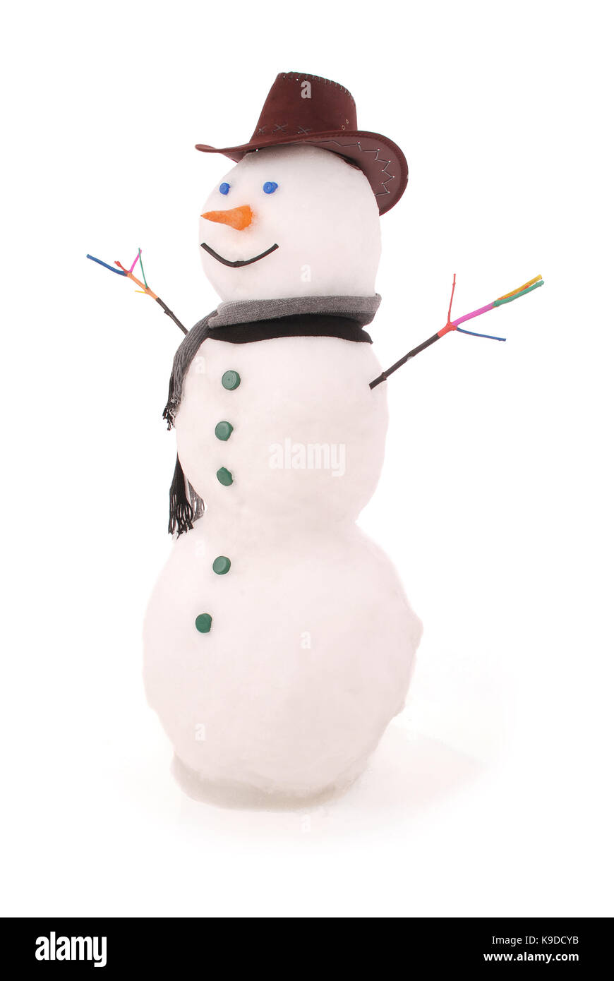 White snowman with scarf and Sheriff's hat. On white background Stock ...