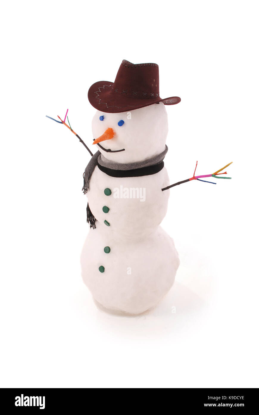 White snowman with scarf and Sheriff's hat. On white background Stock ...