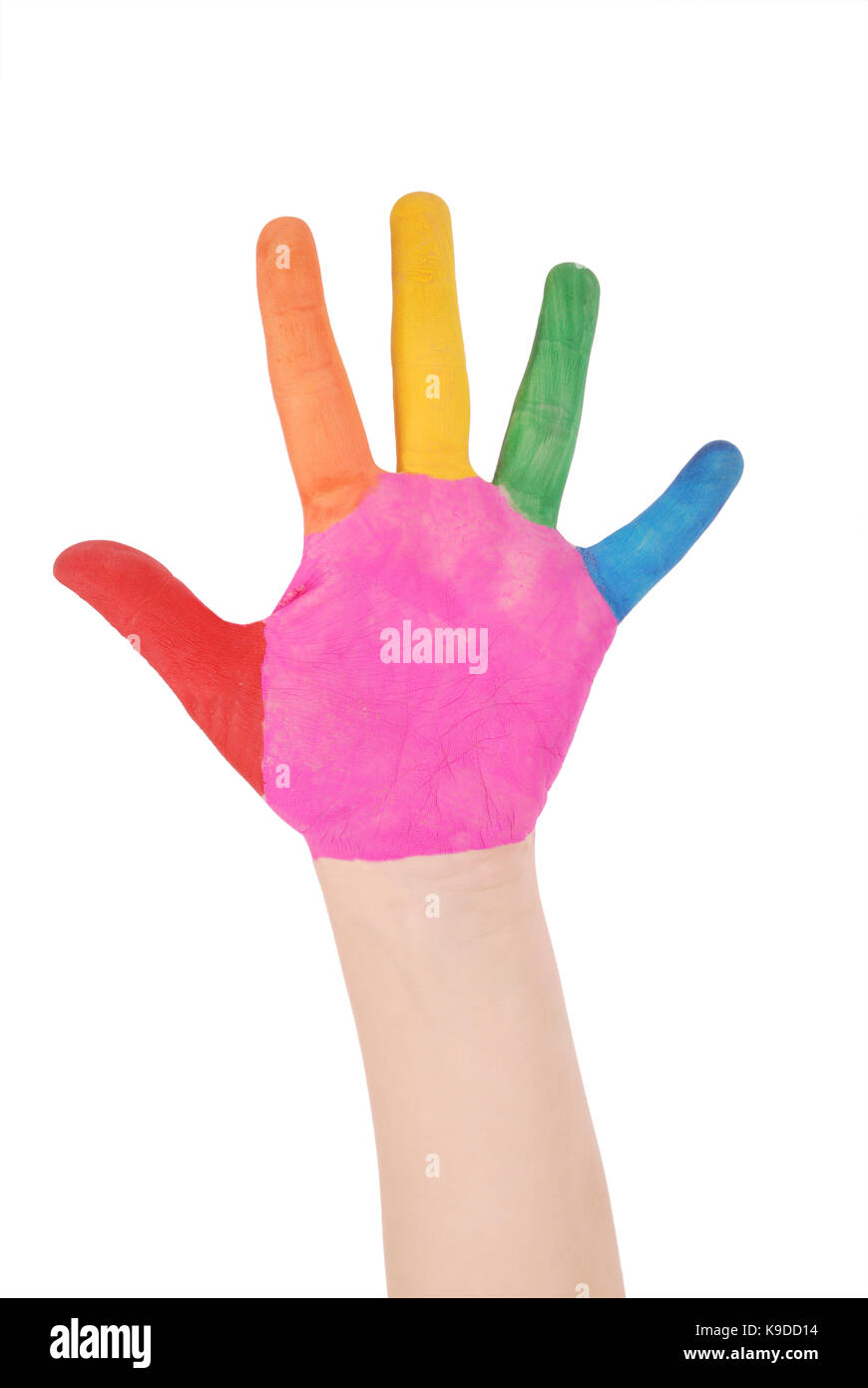 Child hands painted in colorful paints ready for hand prints isolated ...