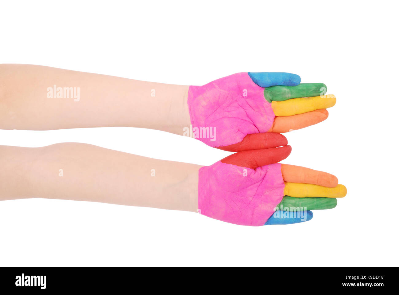 Child hands painted in colorful paints ready for hand prints isolated ...