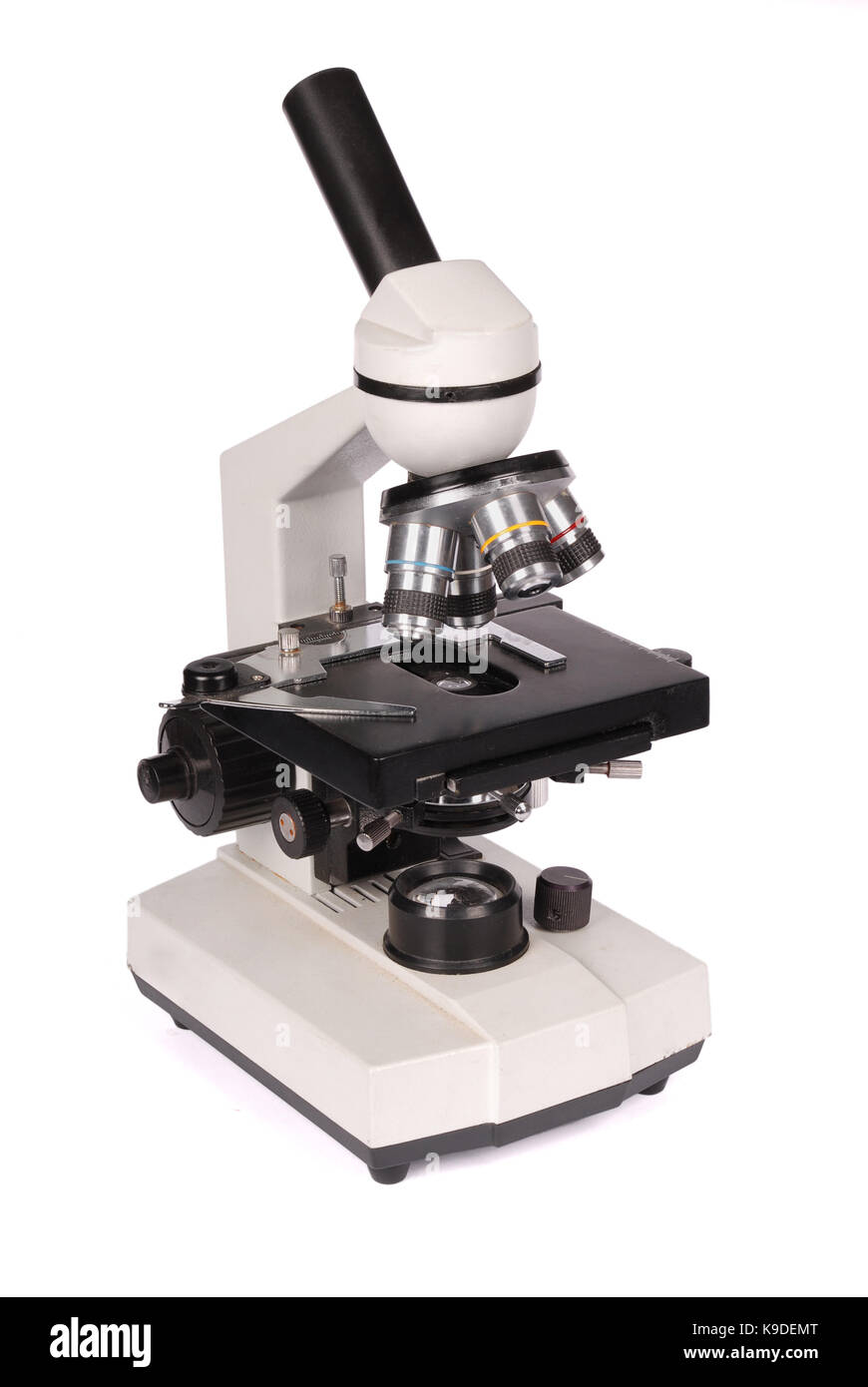 Monocular laboratory microscope isolated on white background with soft ...