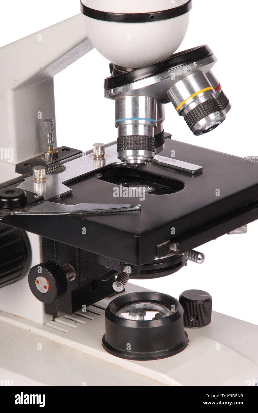 Monocular laboratory microscope isolated on white background with soft ...