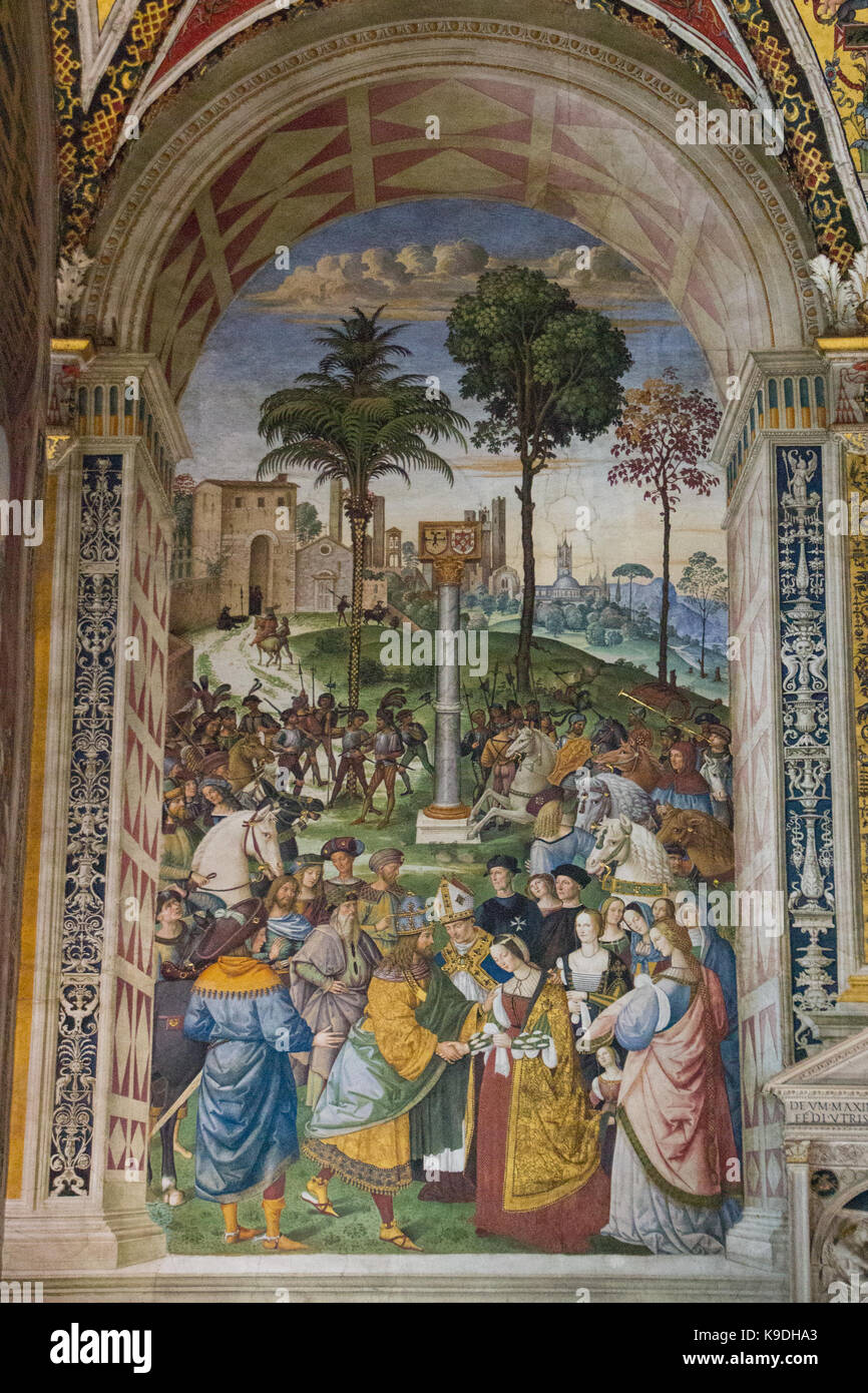 Italy, Siena - December 26 2016: the view of the frescoes describes ...