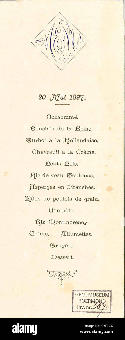 Menu 20 Mai 1897 70e verjaardag Pierre Cuypers Cuypershuis 0387 r recto ...