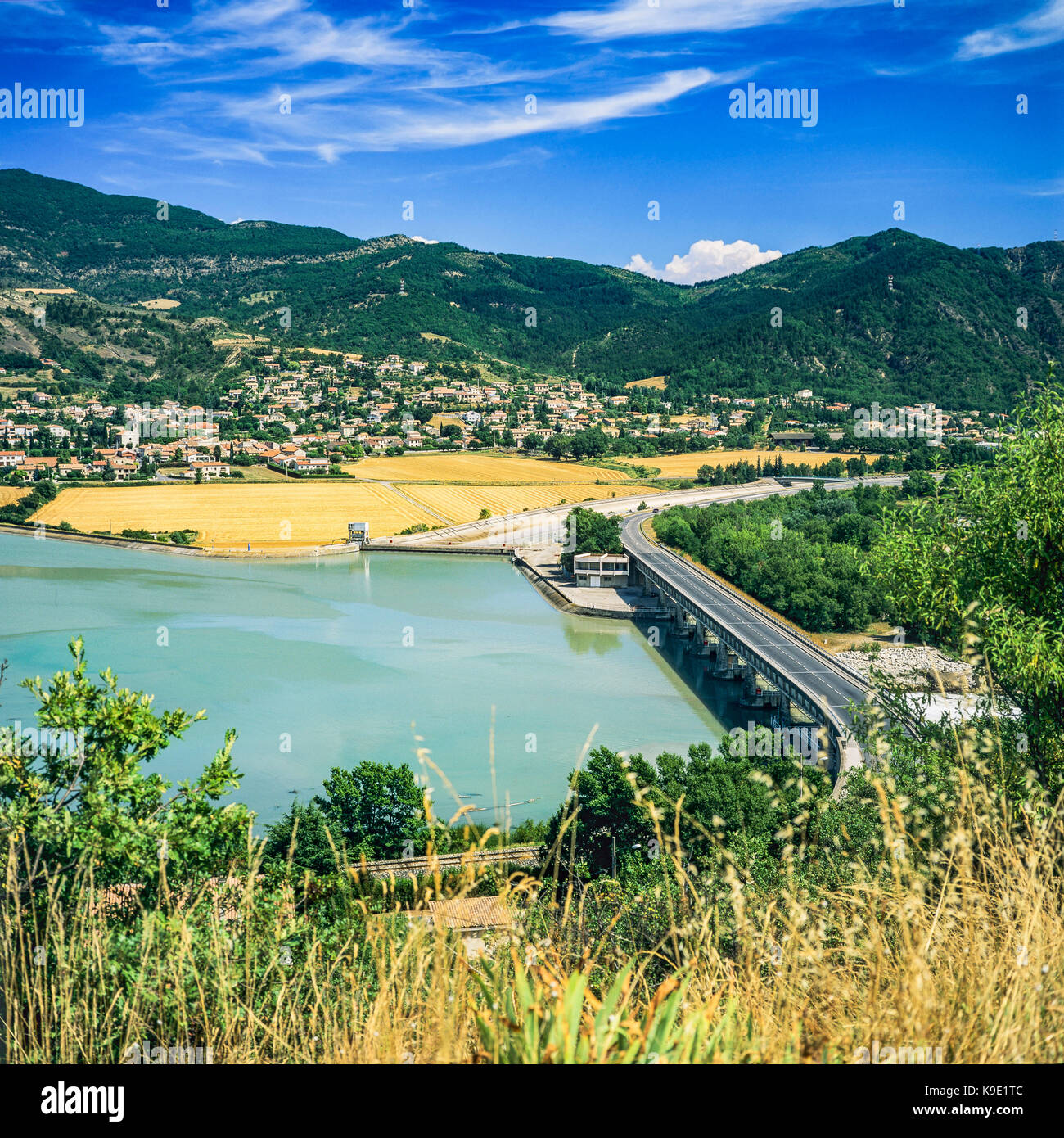 Barrage de l'Escale, dam with bridge over Durance river, Alpes-de-Haute ...
