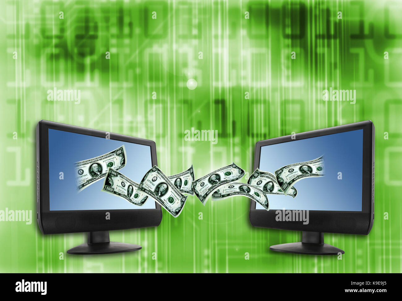 dollar banknotes flying out of a computer monitor into another one ...