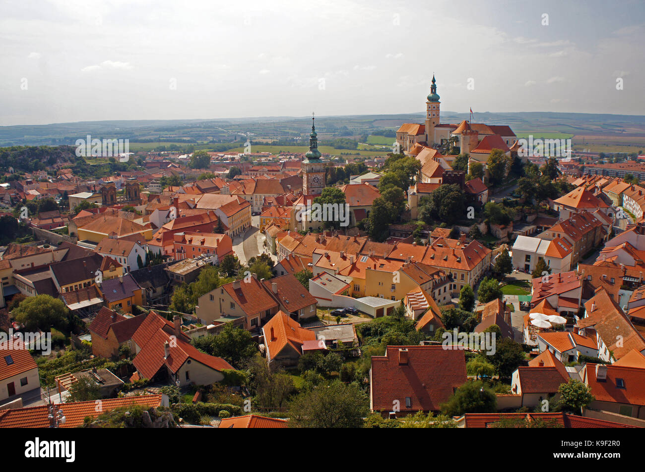 Red roofs of medieval town Mikulov and towers of the castle and the ...
