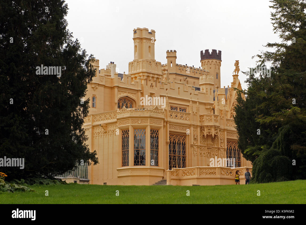 Back facade and chapel of palace in Lednice Chateau, Czech Republic ...