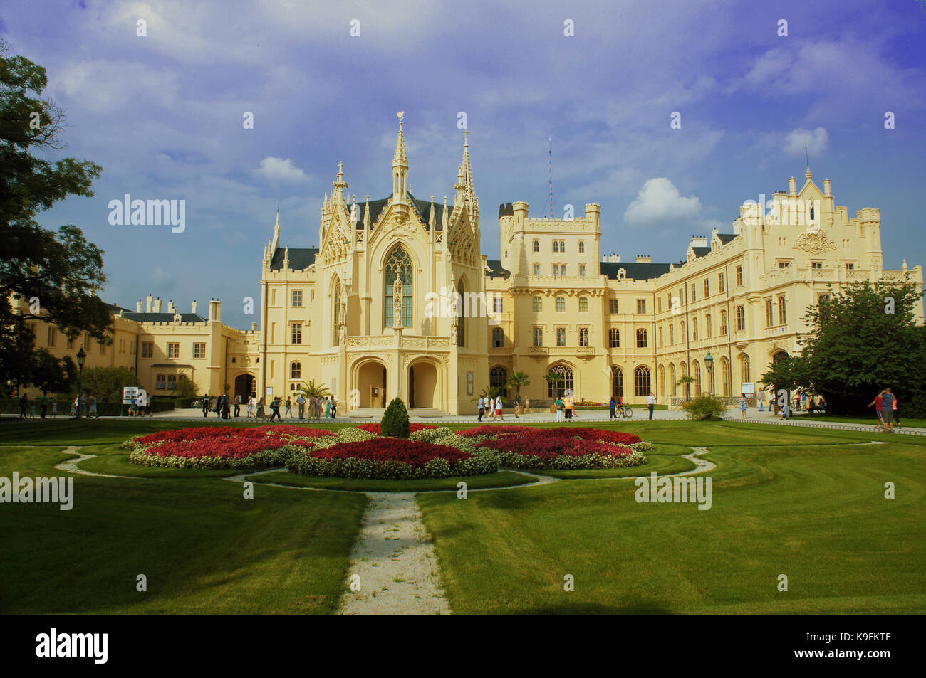 Front facade and chapel of palace in Lednice Chateau, Czech Republic ...