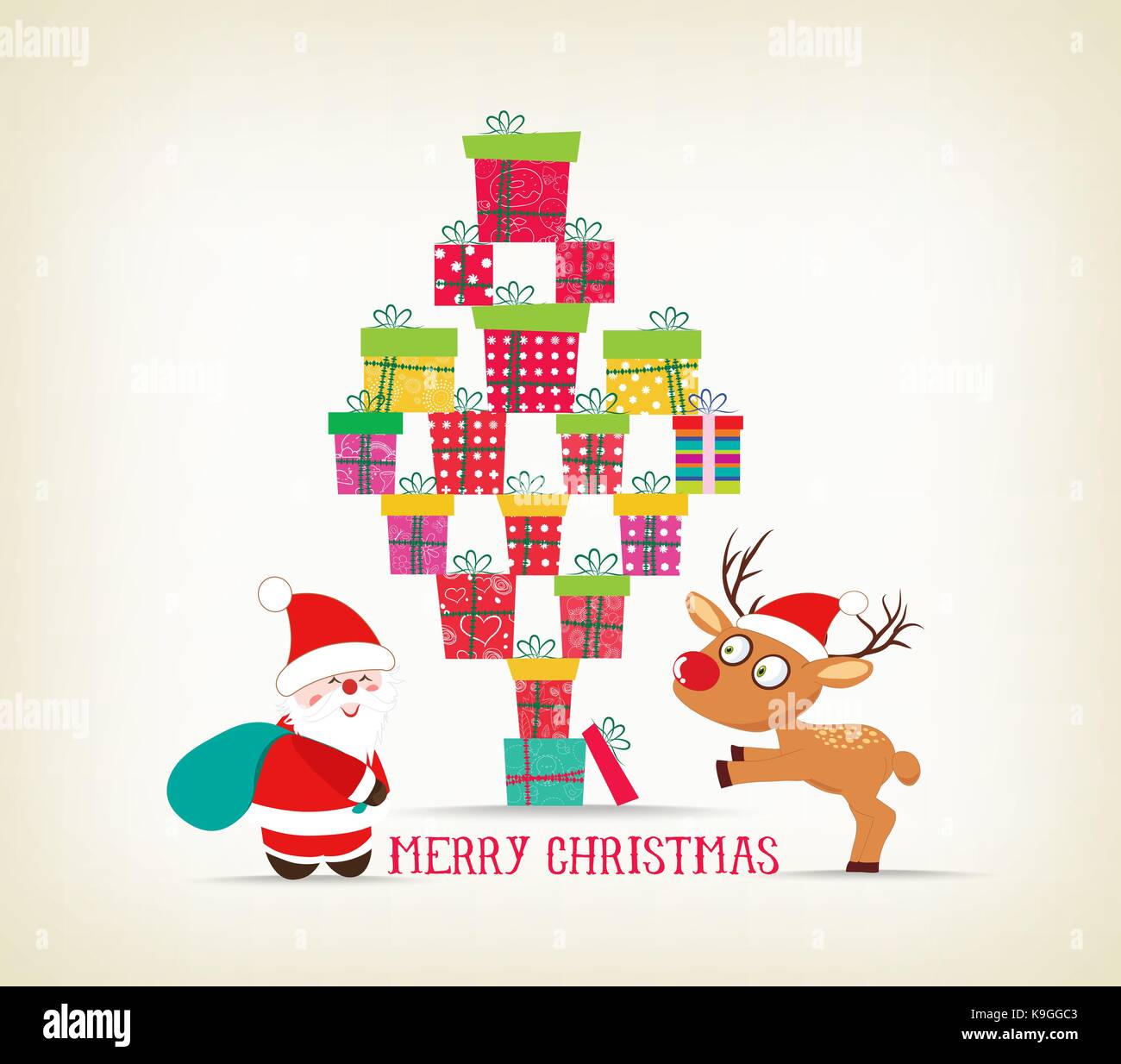merry christmas with gifts, deer and santa claus card Stock Vector ...