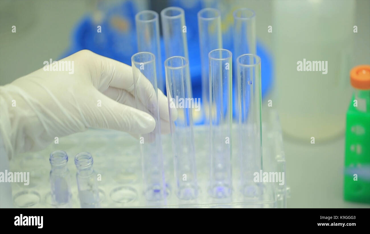 Test tubes closeup. Medical equipment. Close-up footage of a scientist ...