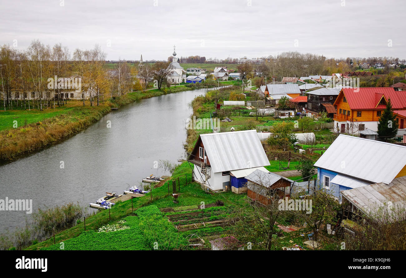 Suzdal town with river in Vladimir, Russia. Suzdal is one of the oldest ...