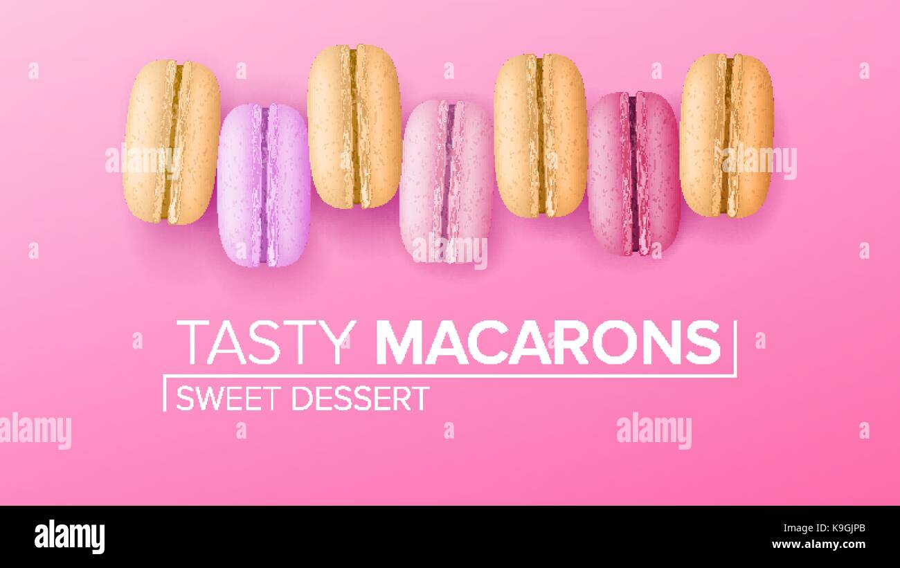 Macarons Set Vector. Top View. Colourful Sweet French Macaroons On Pink ...