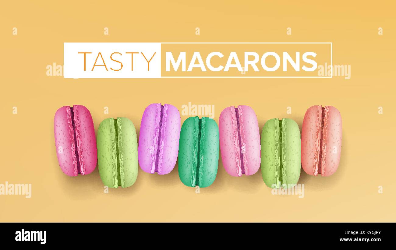 Realistic Macarons Vector. Top View. Sweet French Macaroons On Yellow ...