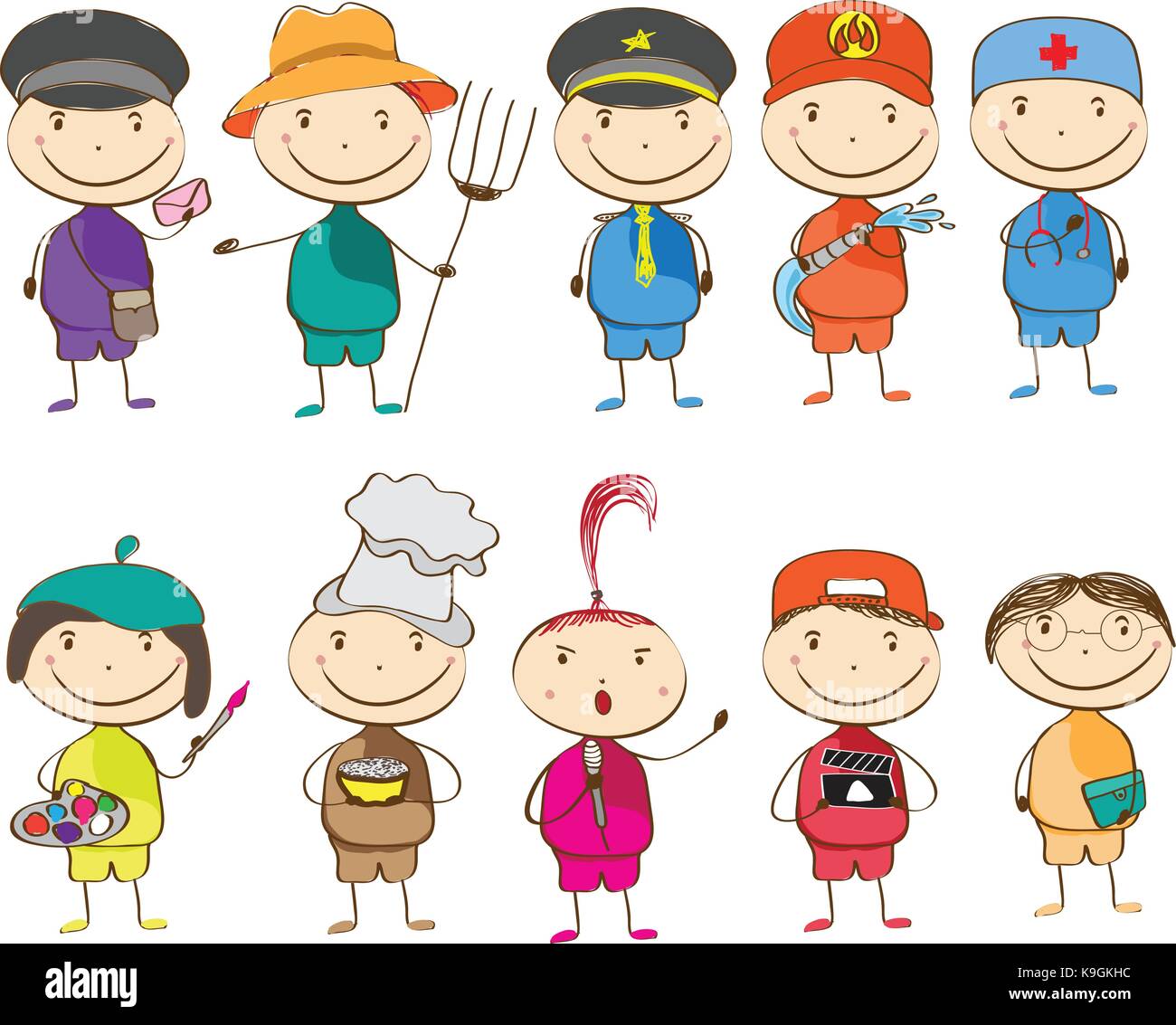 set of ten children with different professions. postman, farmer, police ...