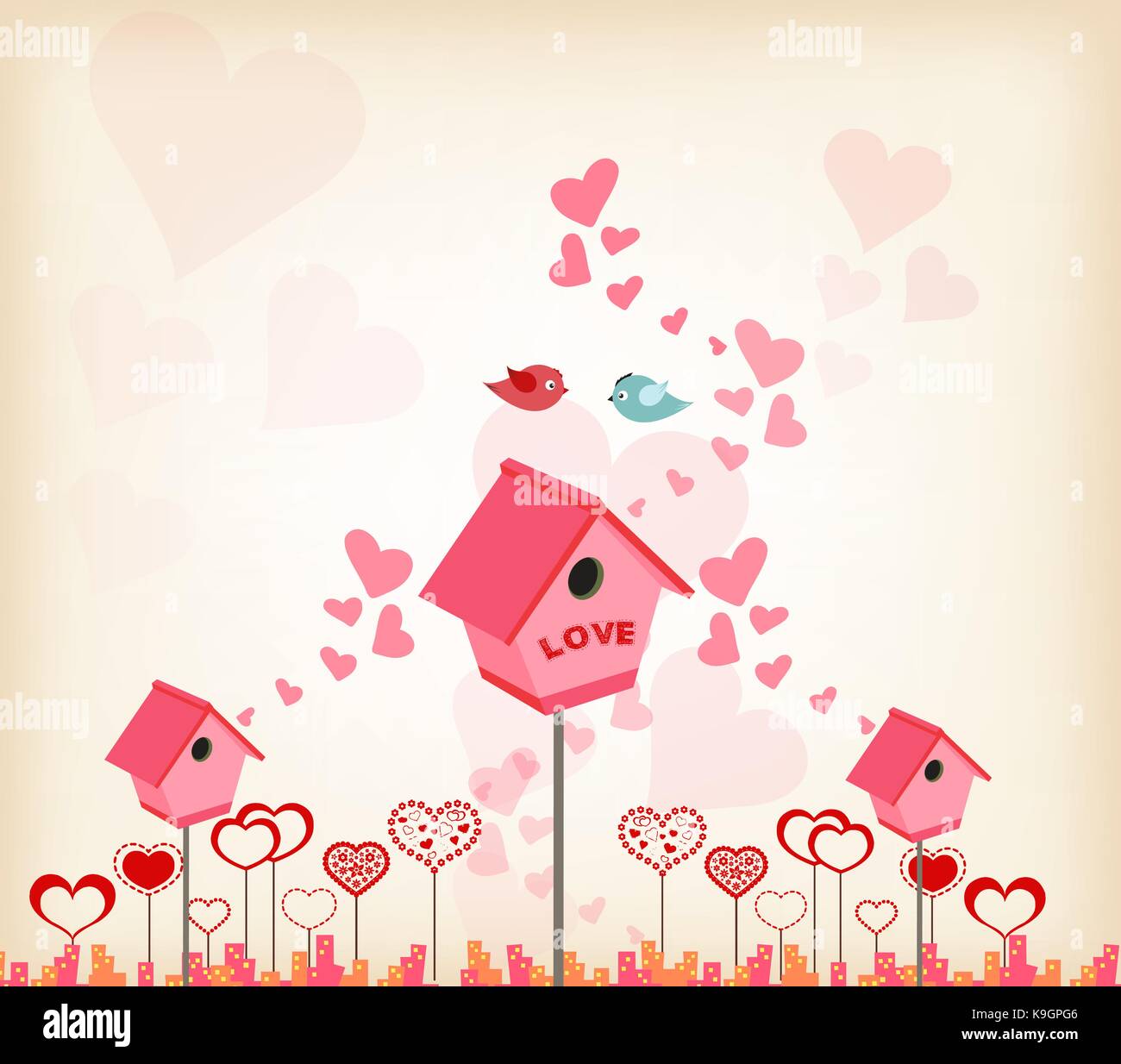 valentines day background with lovely birdhouse Stock Vector Image ...
