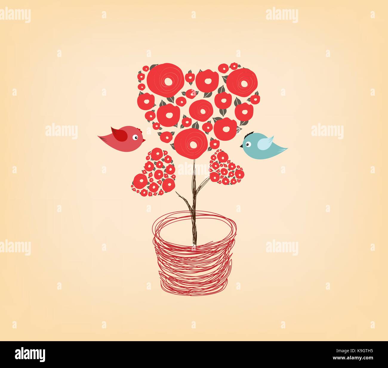 Valentine's Day Tree pink heart and birds in love Stock Vector Image ...