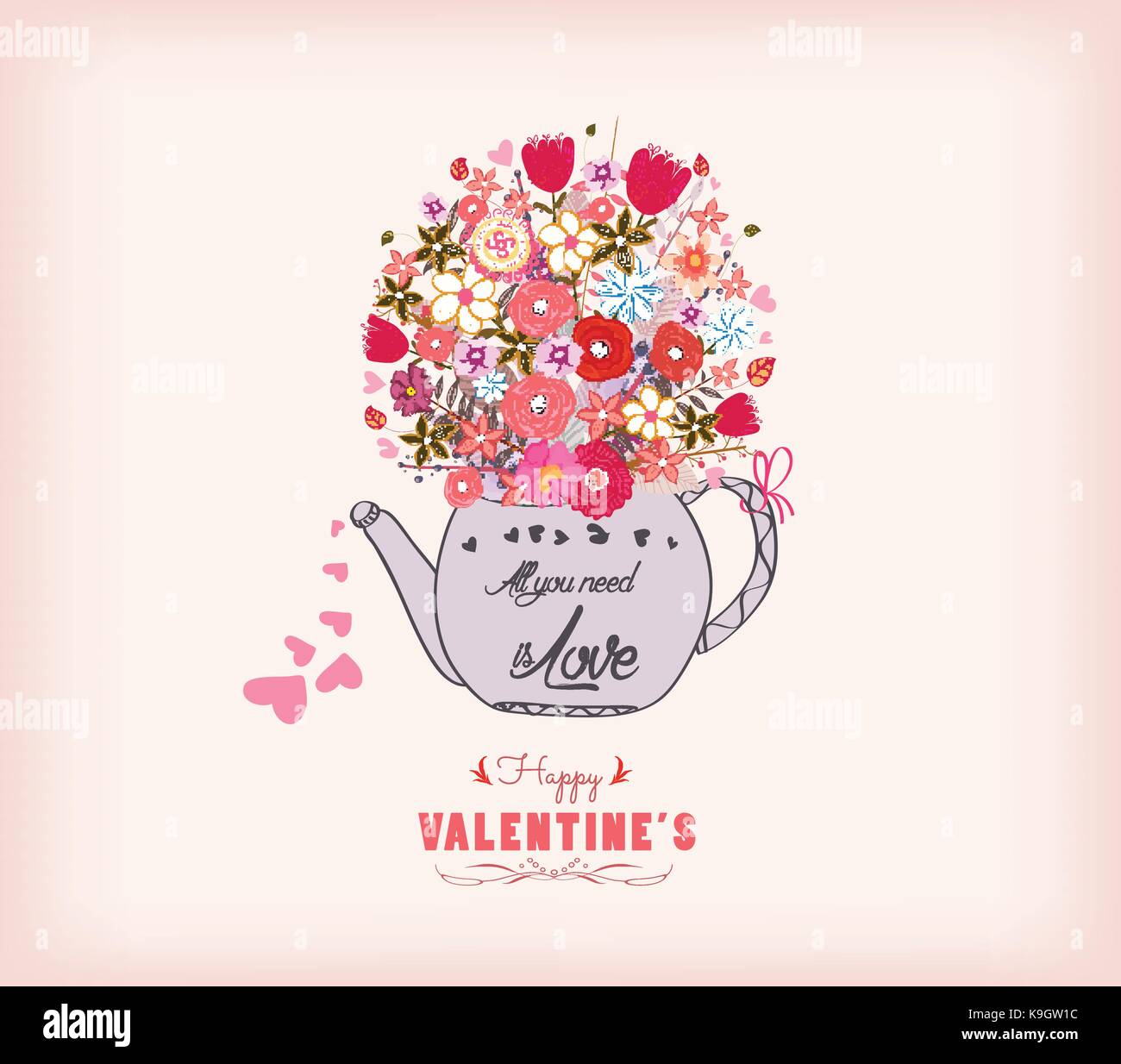Valentines day card. Beautiful card with watercolor flowers. Cup of tea ...