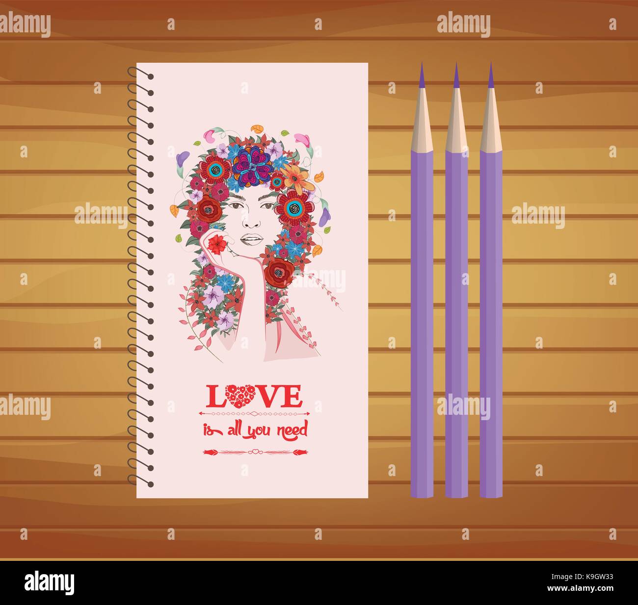 Template for notebook with floral girl background Stock Vector Image ...