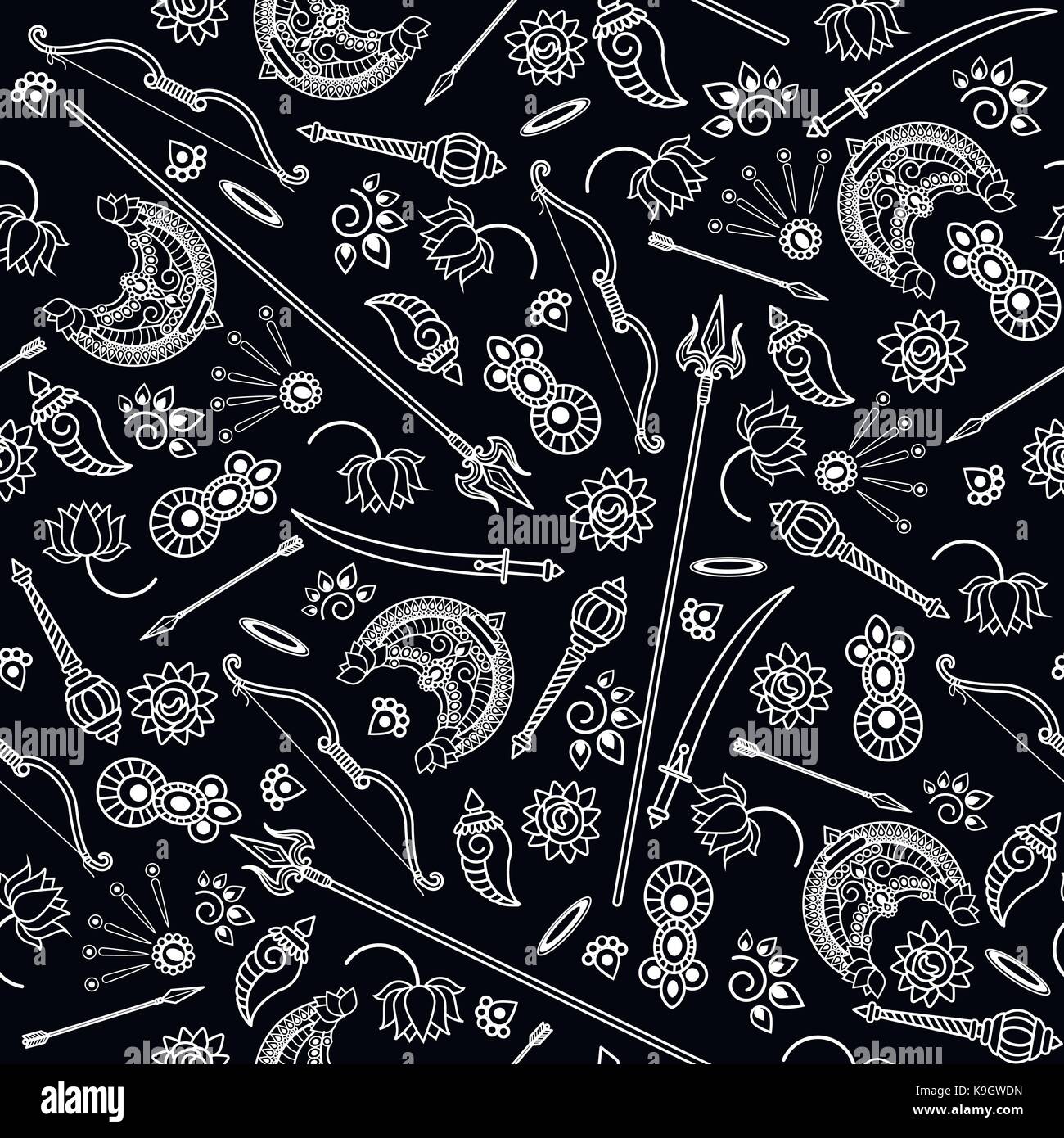 Seamless pattern with the objects of the Goddess Durga on the Indian ...