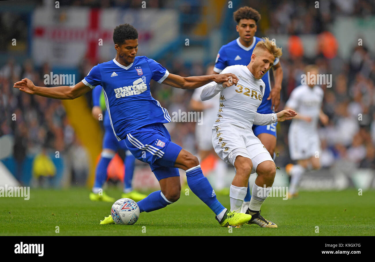 Leeds United's Samu Saiz is fouled by Ipswich Town's Jordan Spence ...