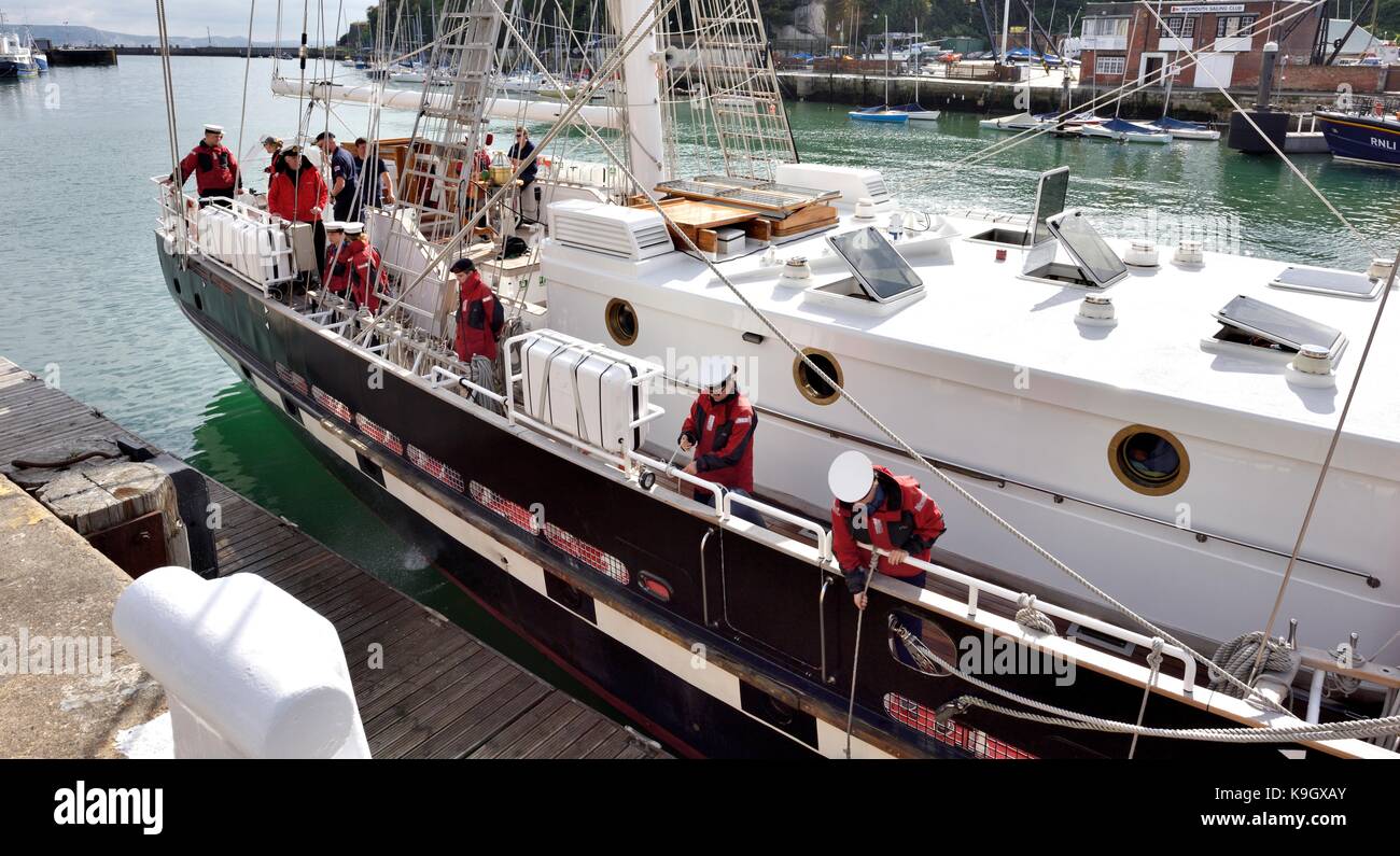 TS royalist sail training ship with sea cadets on board preparing to ...