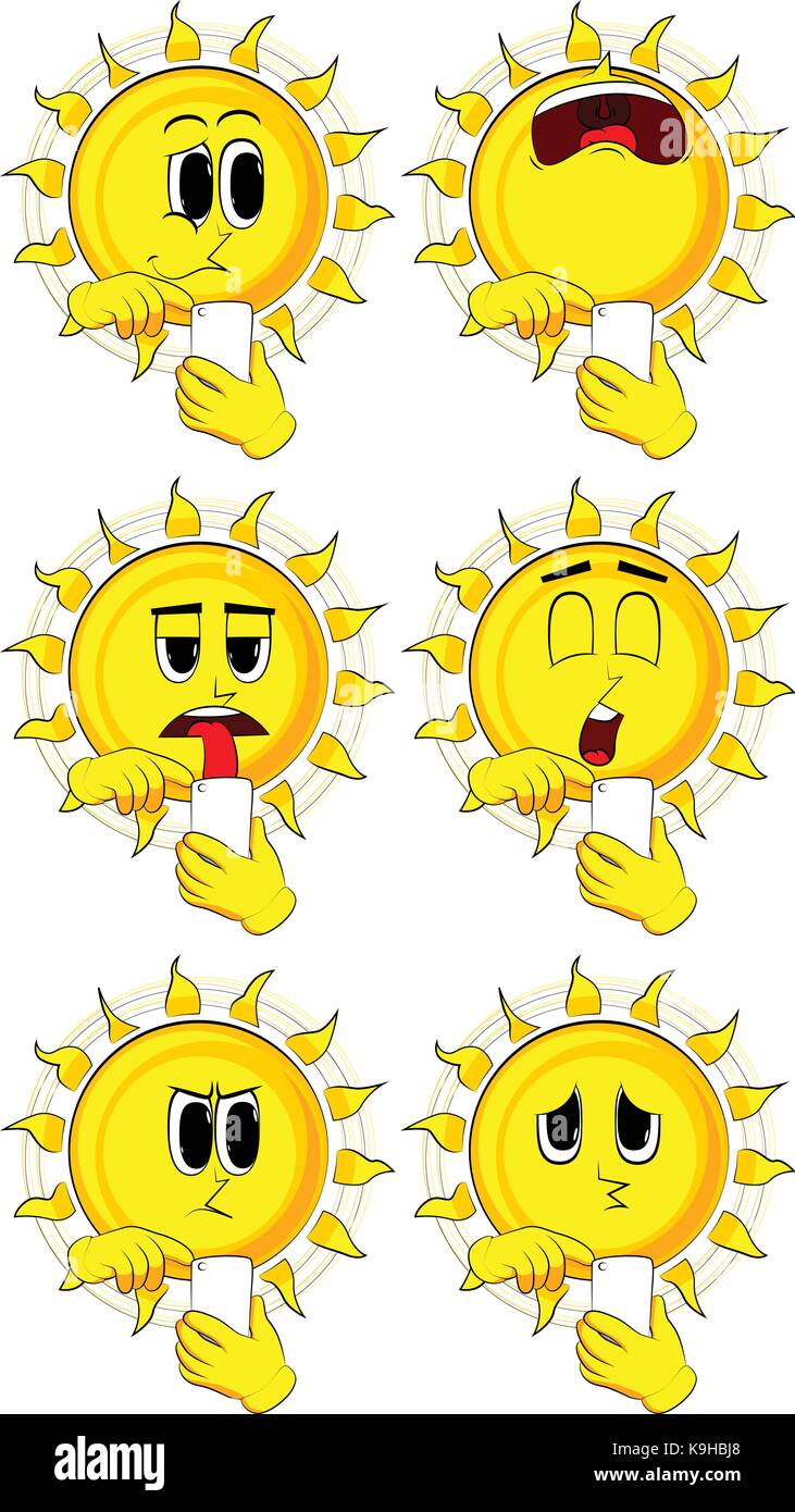 Cartoon sun using a mobile phone. Collection with sad faces ...