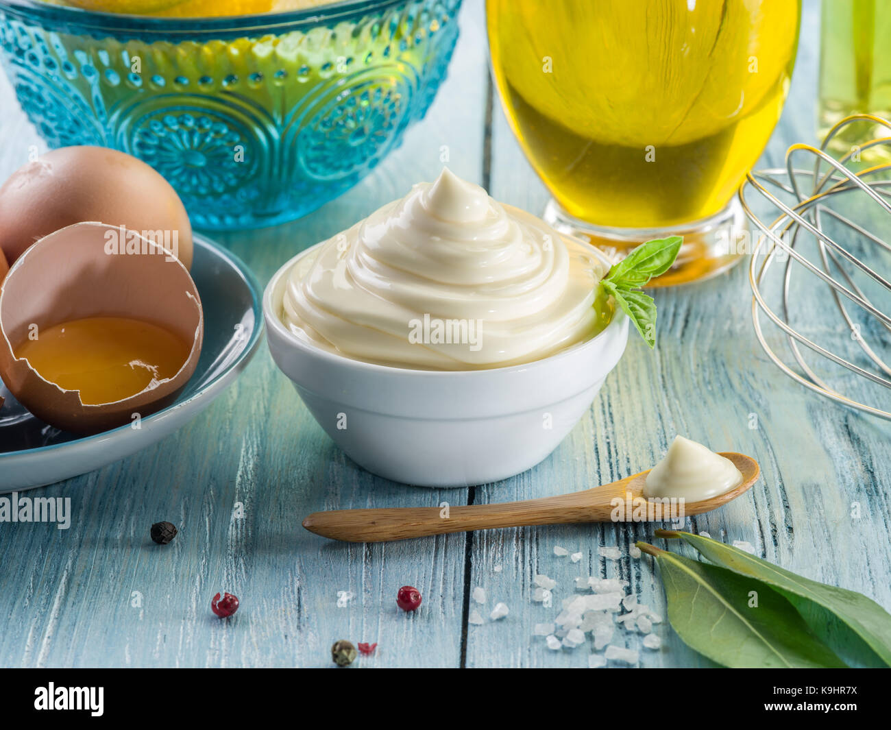 Natural mayonnaise ingredients and the sauce itself Stock Photo - Alamy
