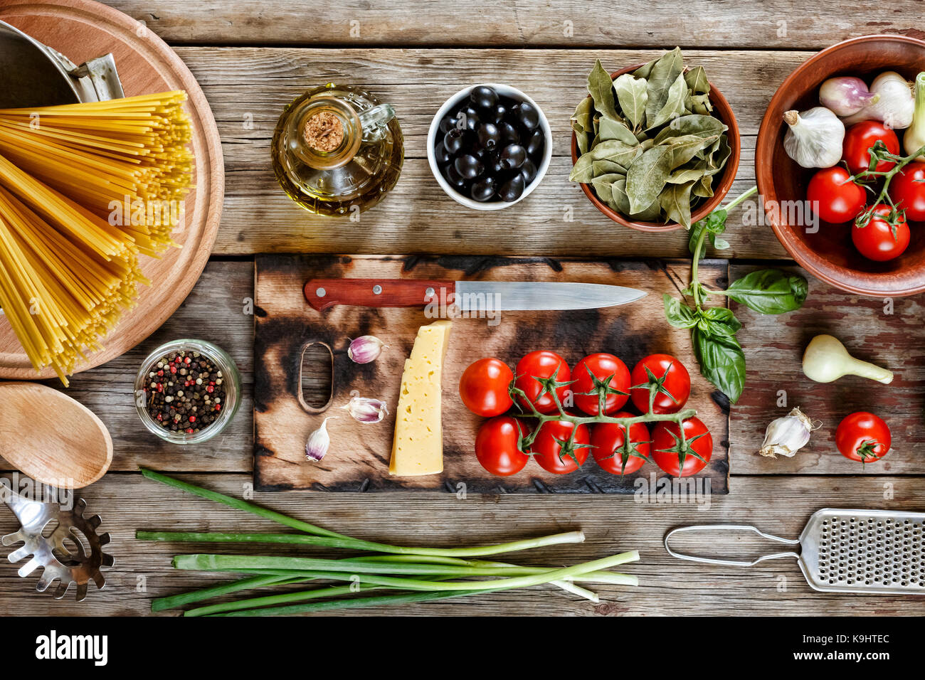 A set of products and ingredients for pasta. wooden table Stock Photo ...