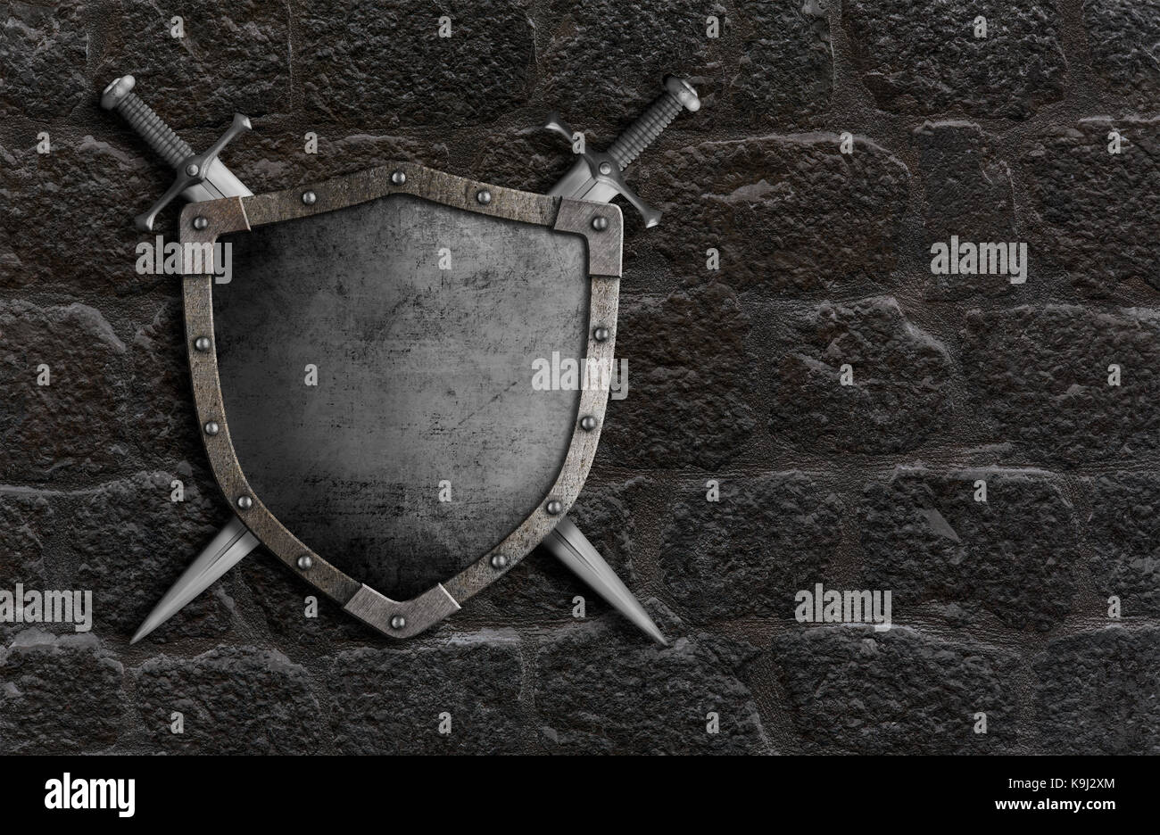 medieval shield with crossed swords over castle stone wall 3d ...