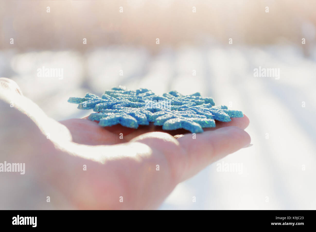 snowflake in hand with sun rays Stock Photo - Alamy