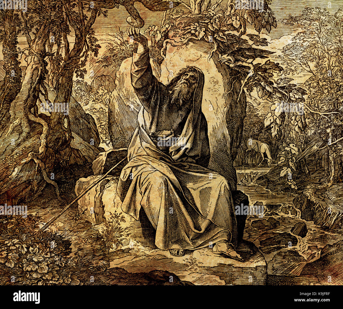 The prophet Elijah nurtured by ravens, graphic collage from engraving ...