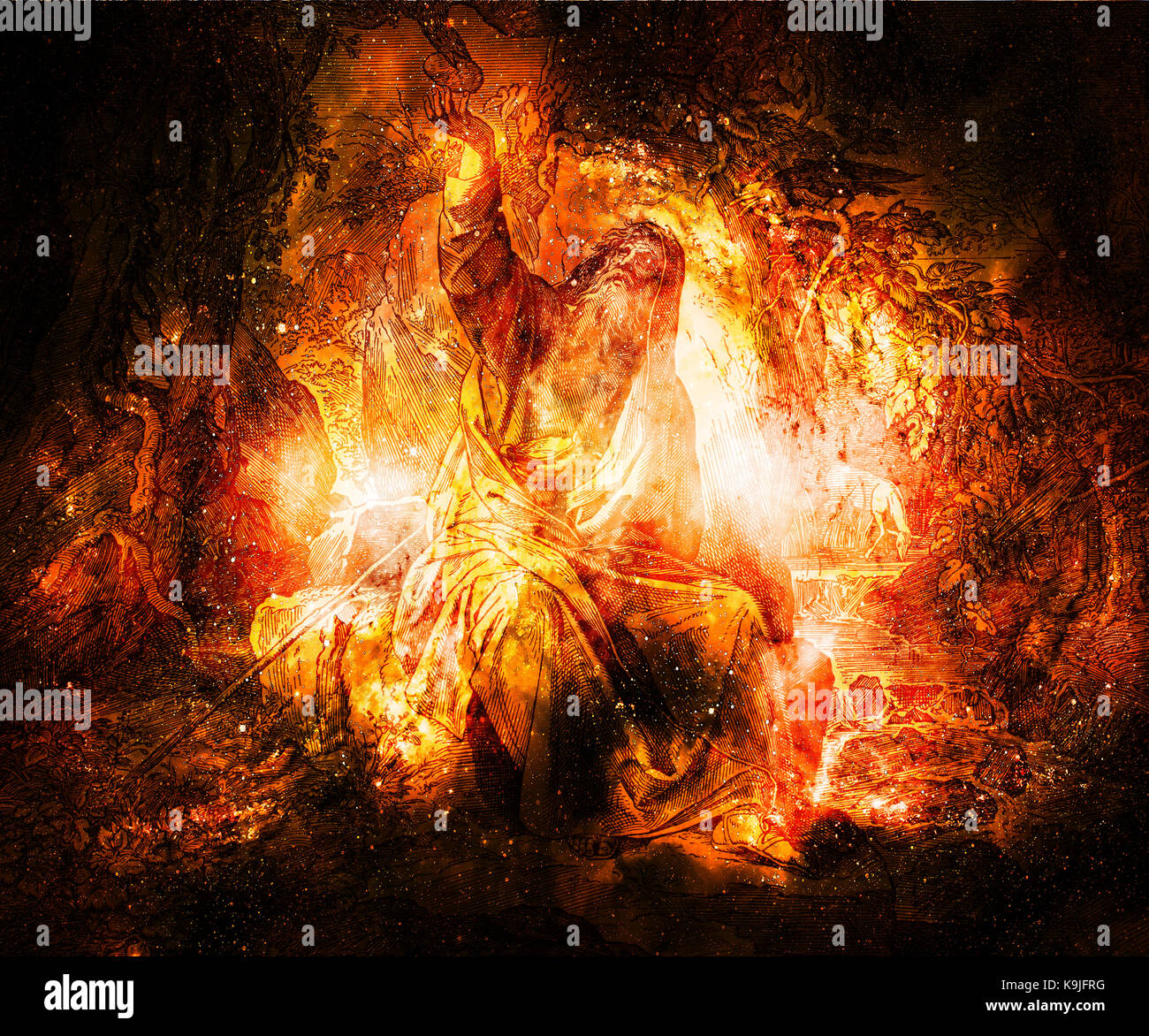 The prophet Elijah nurtured by ravens, graphic collage from engraving ...