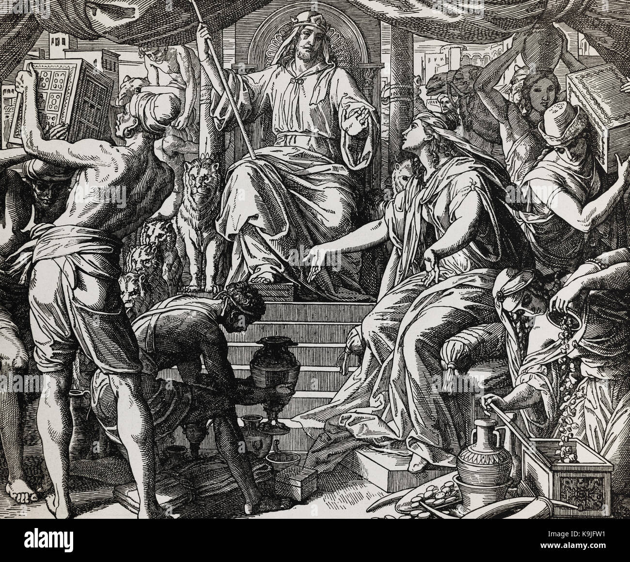 Queen of Sheba and king Solomon, graphic collage from engraving of ...