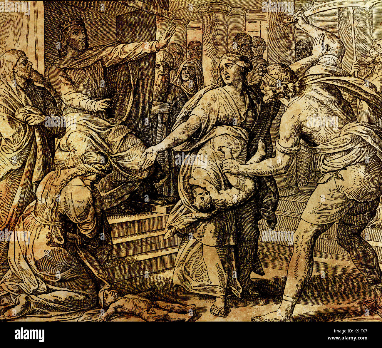 The judgement of king Solomon, graphic collage from engraving of ...