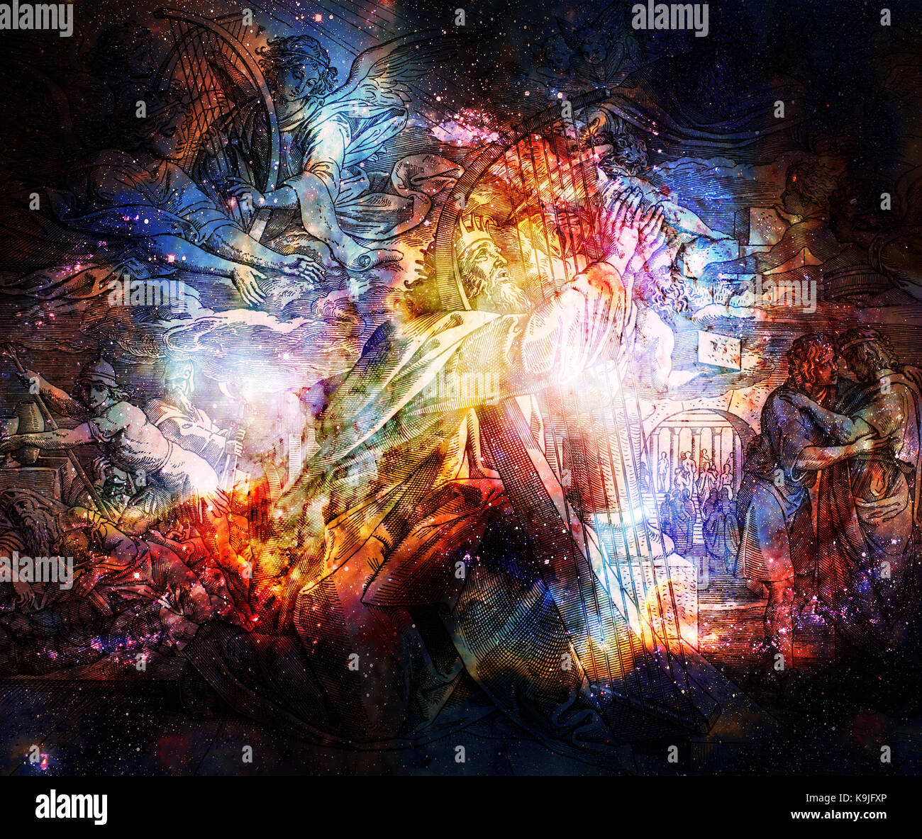 The psalms of king David, graphic collage from engraving of Nazareene ...