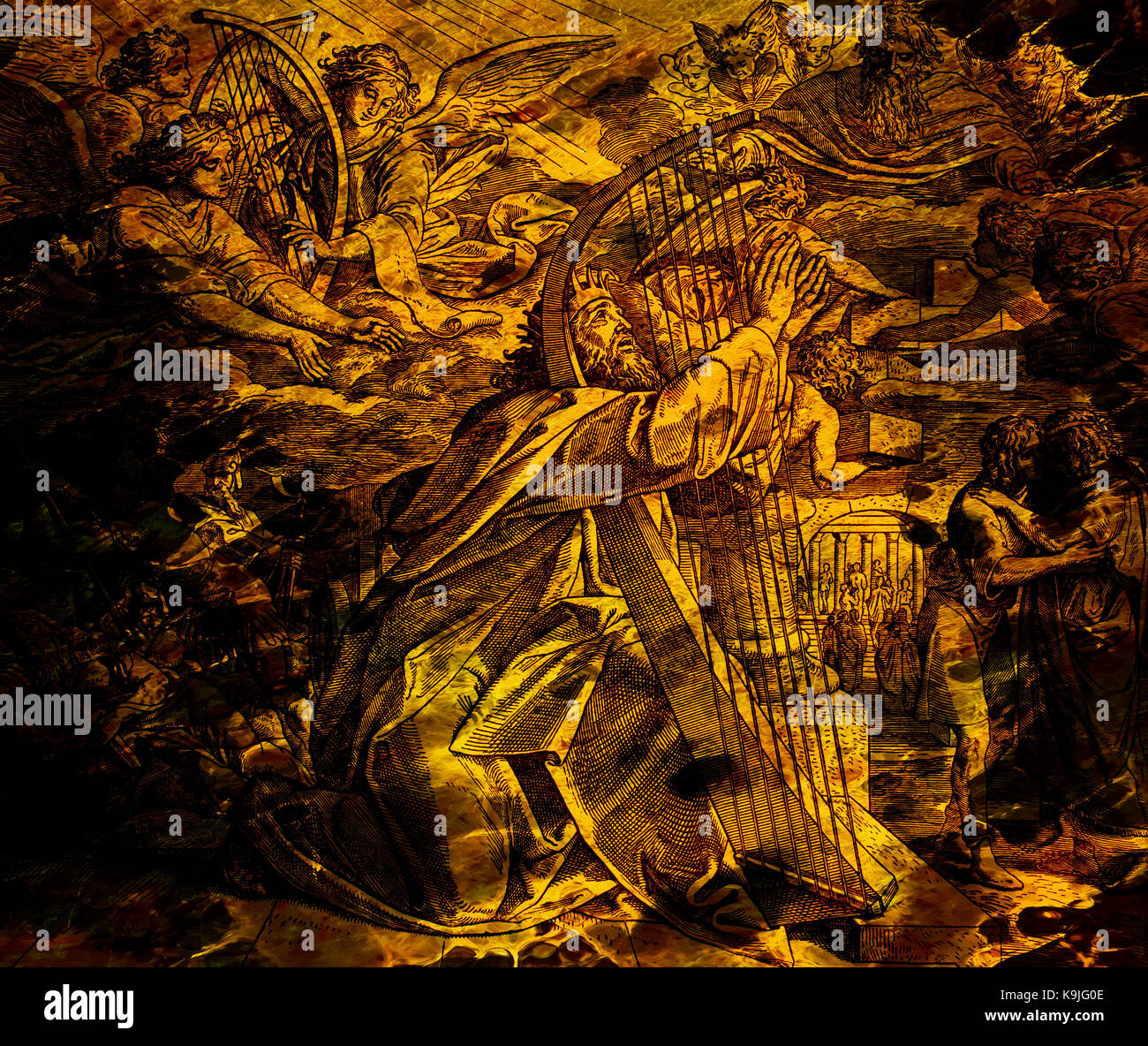 The psalms of king David, graphic collage from engraving of Nazareene ...