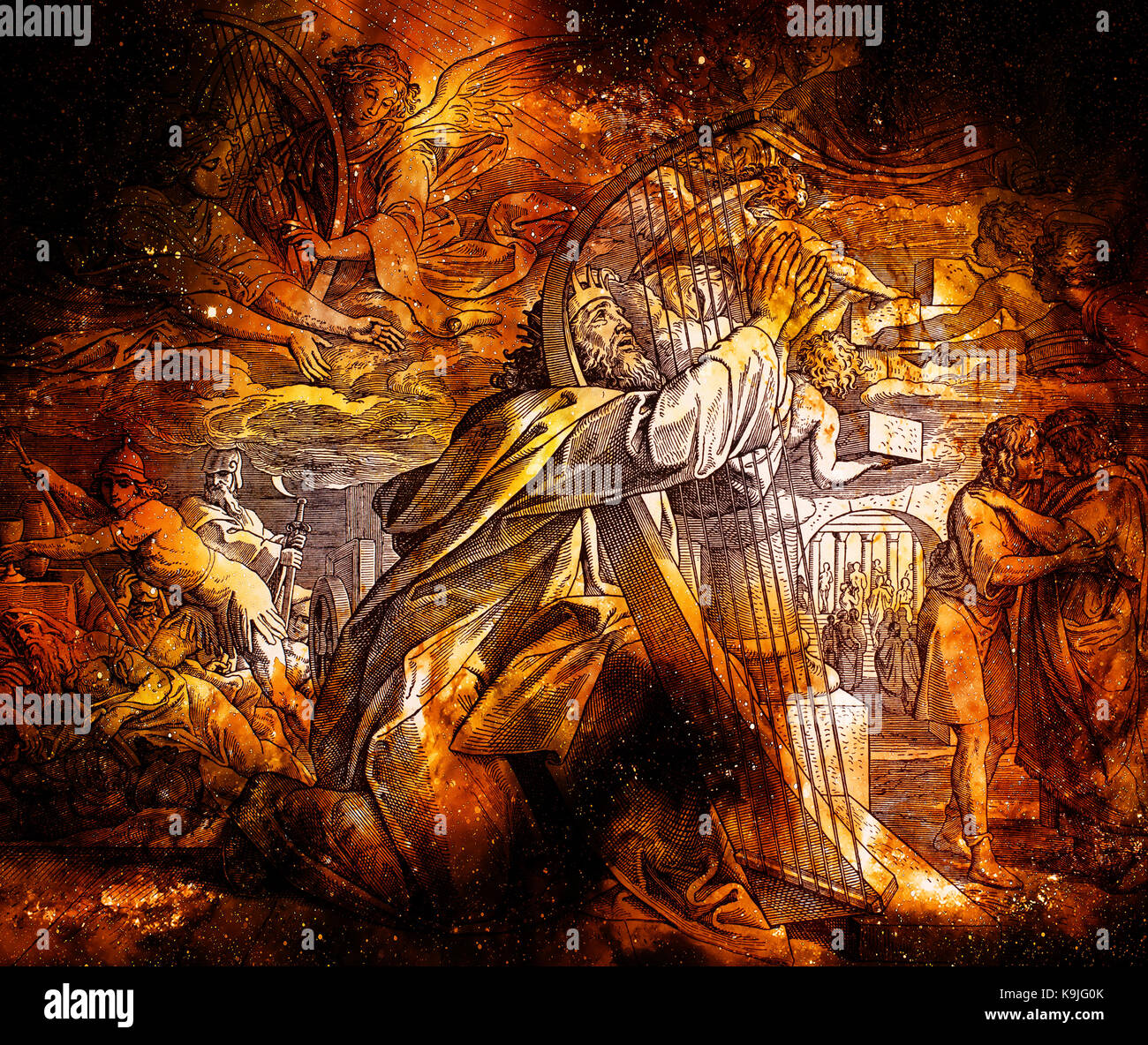 The psalms of king David, graphic collage from engraving of Nazareene ...