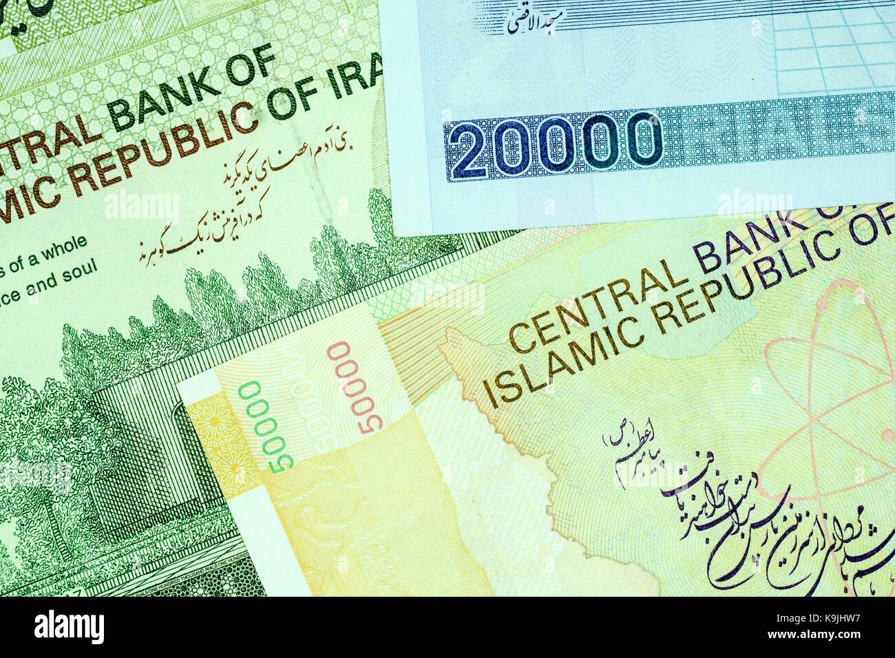 Close-up Iranian banknote and currency, Rials, Islamic Republic of Iran ...
