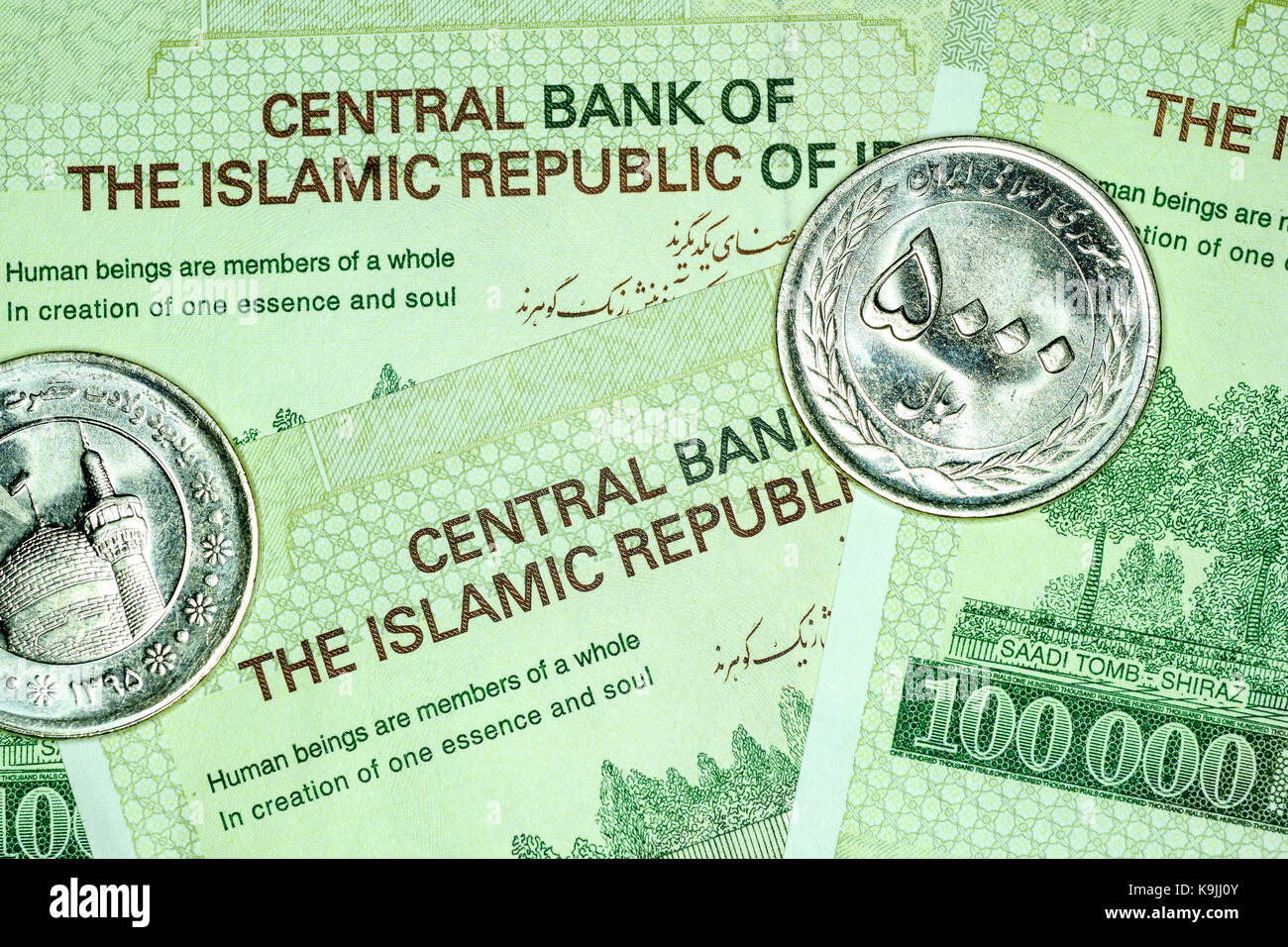 Close-up Iranian banknote and currency, Rials, Islamic Republic of Iran ...