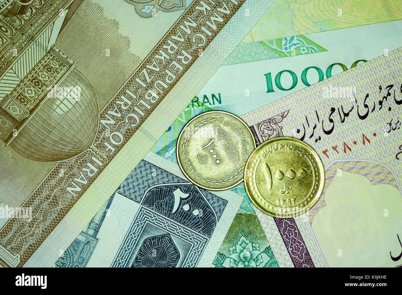 Close-up Iranian banknote and currency, Rials, Islamic Republic of Iran ...