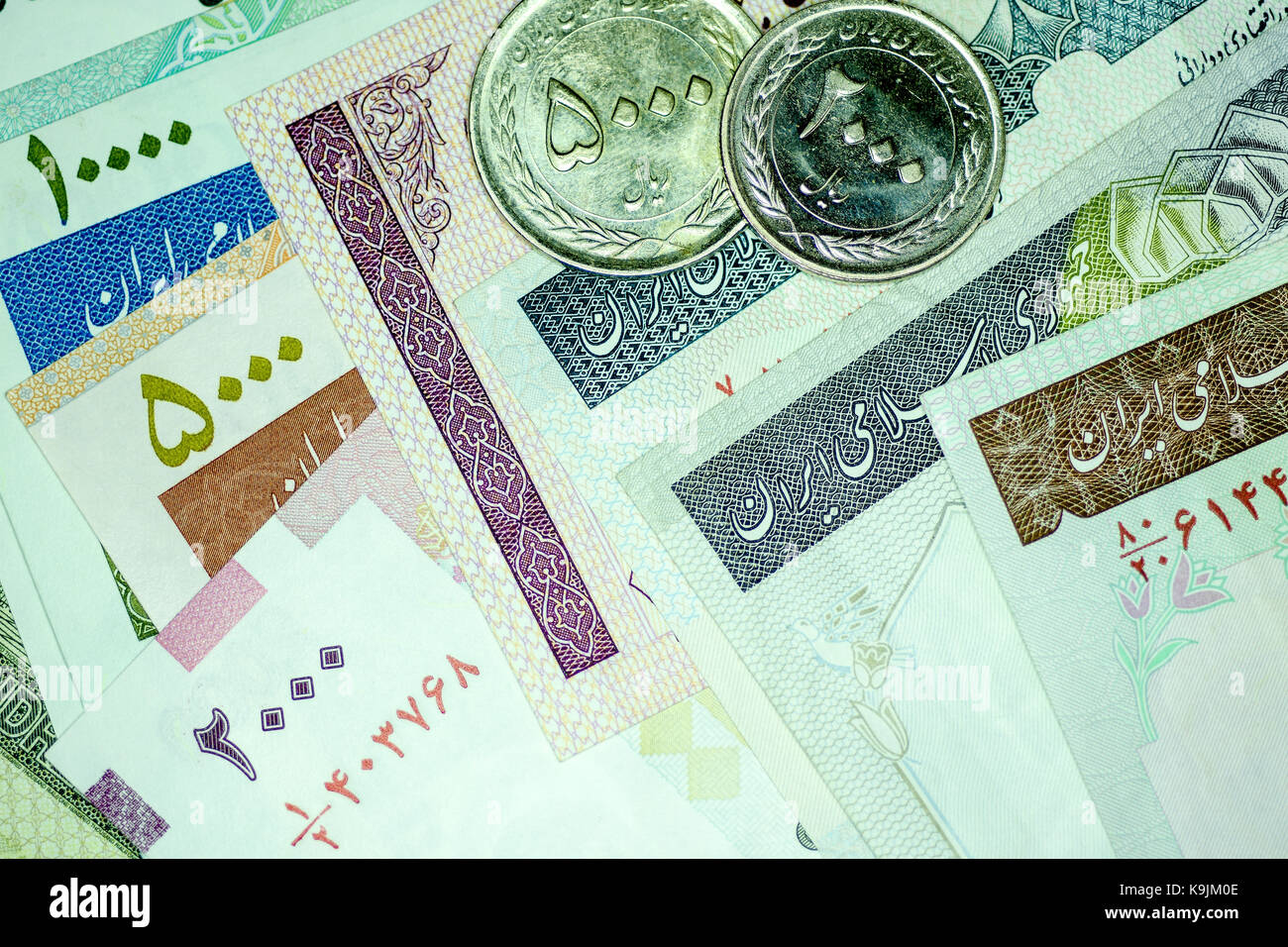 Close-up Iranian banknote and currency, Rials, Islamic Republic of Iran ...