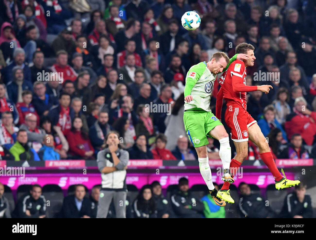 Munich, Germany. 22nd Sep, 2017. Wolfsburg's Maximillian Arnold and ...