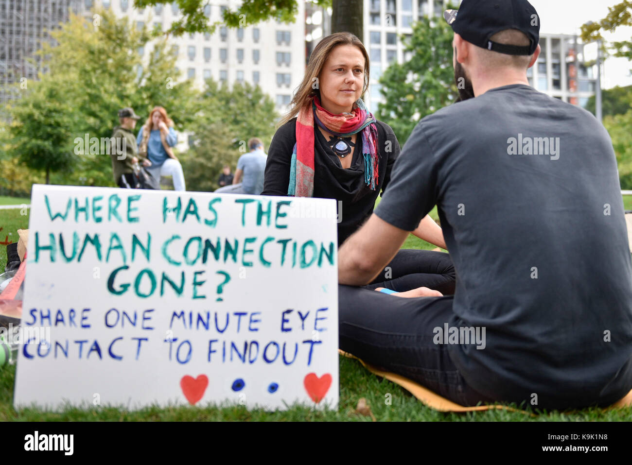 London, UK. 23rd Sep, 2017. People look at each other on Global Eye ...