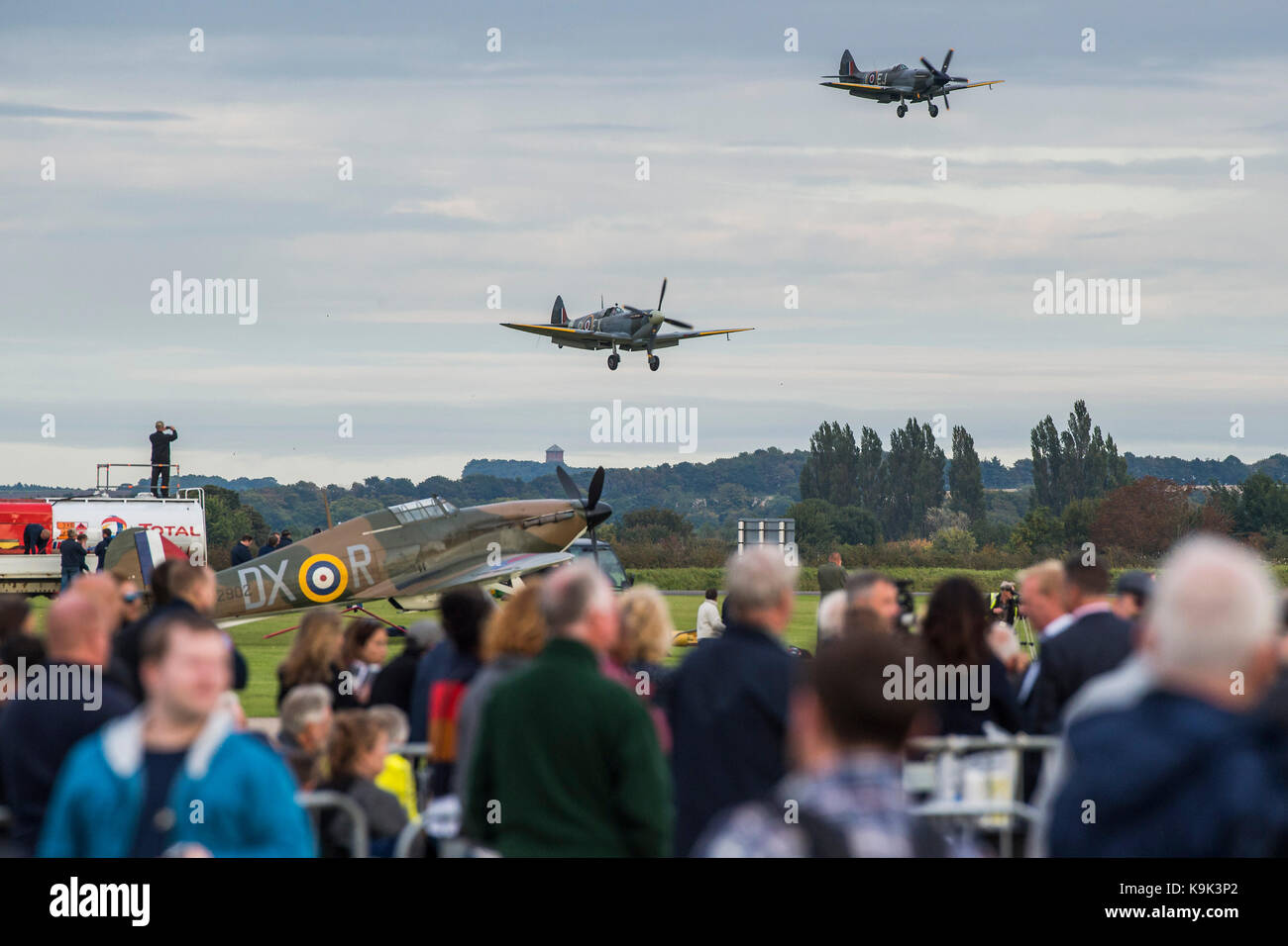 Duxford, UK. 23rd Sep, 2017. A formation of 12 spitfires forms up ...